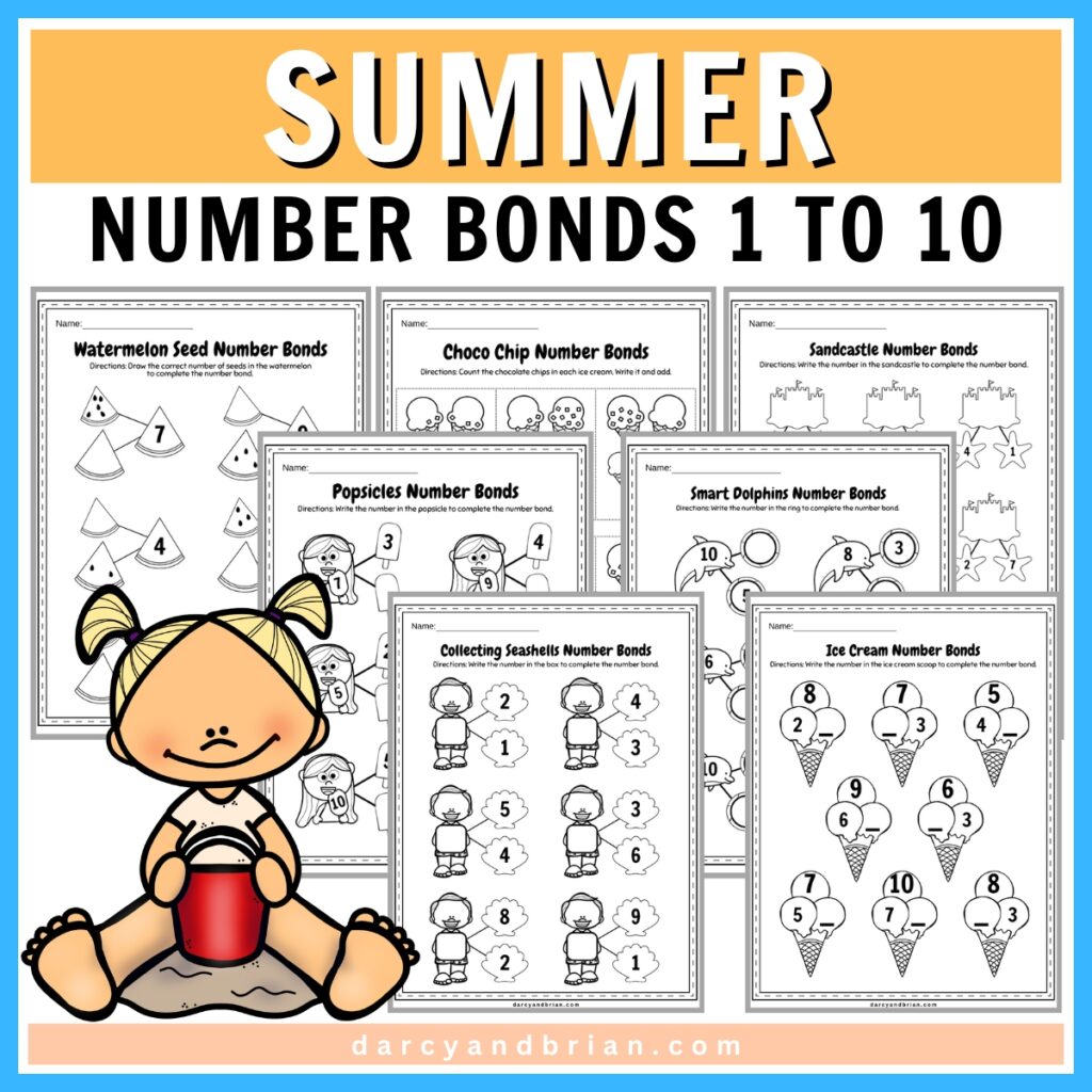 Summer Number Bonds 1-10 Worksheets for Preschoolers