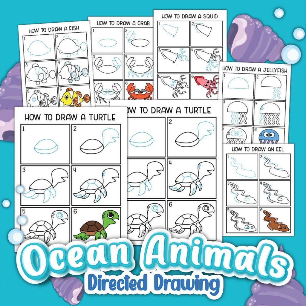 Printable Ocean Animals Directed Drawing - Art Activities for Kids